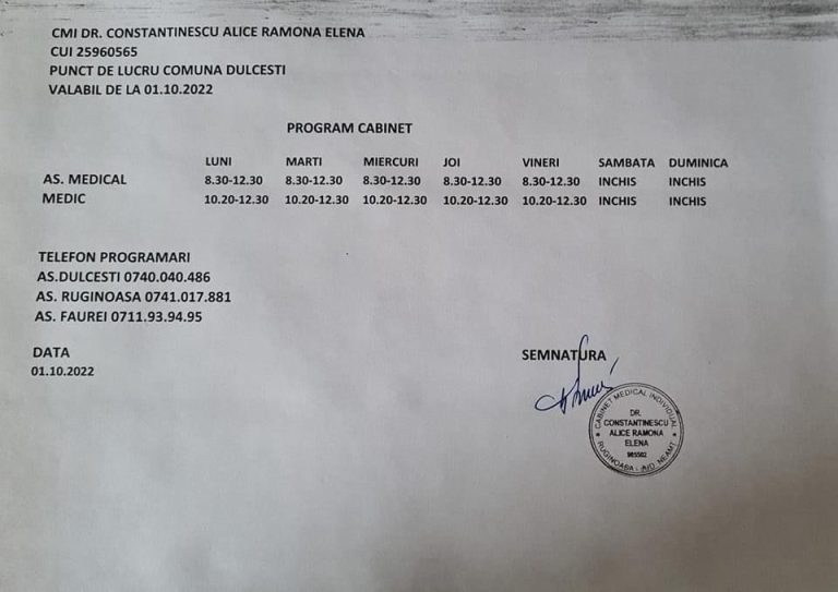PROGRAM DISPENSAR PUNCT DE LUCRU COMUNA DULCEȘTI